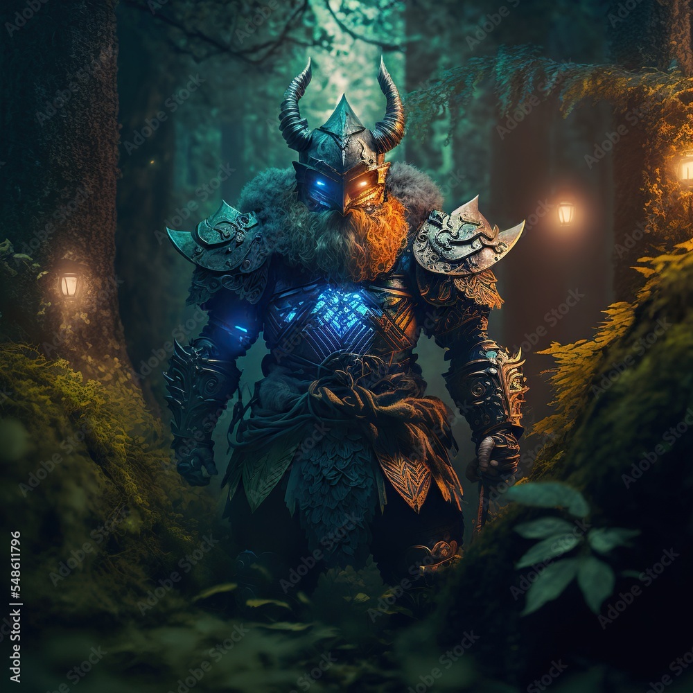 Dwarven warlock warrior in ancient forest of elves. Fantasy 3d ...