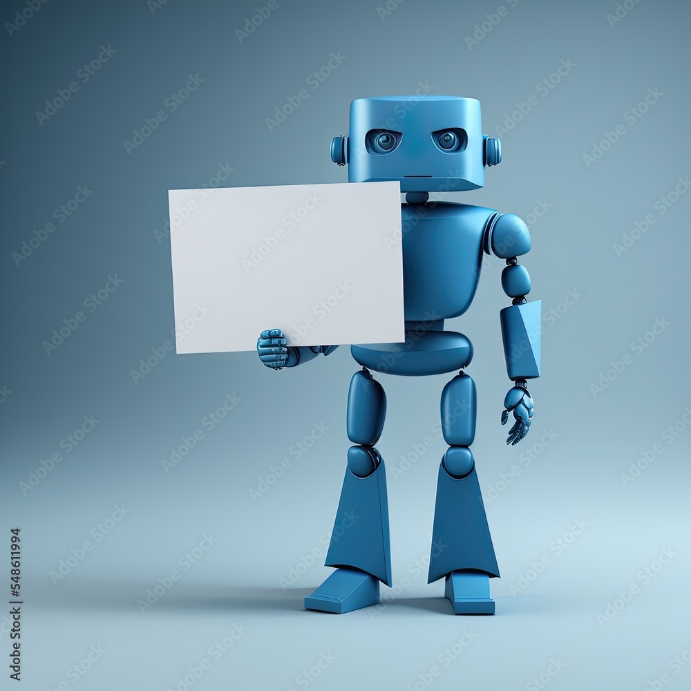 Blue android robot with empty white blank sign isolated Stock ...