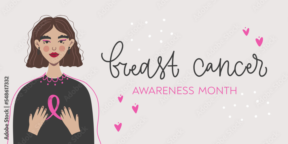 Breast Cancer Awareness month in October. Woman holding pink ribbon ...