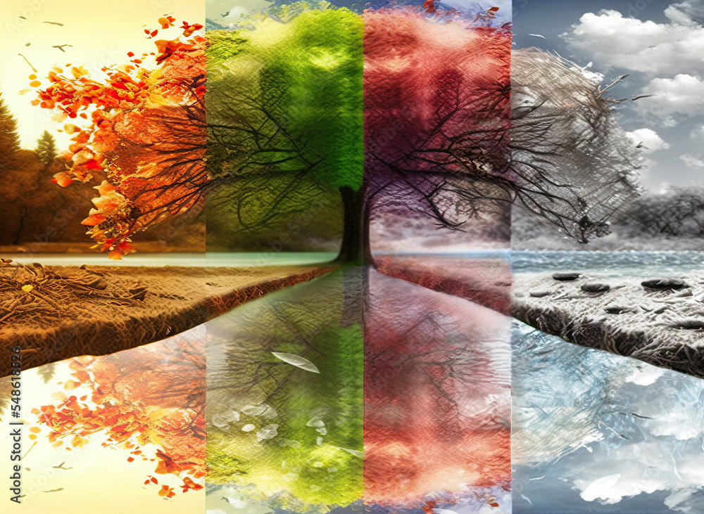The water of a lake reflected the four seasons in a tree, symbolizing ...