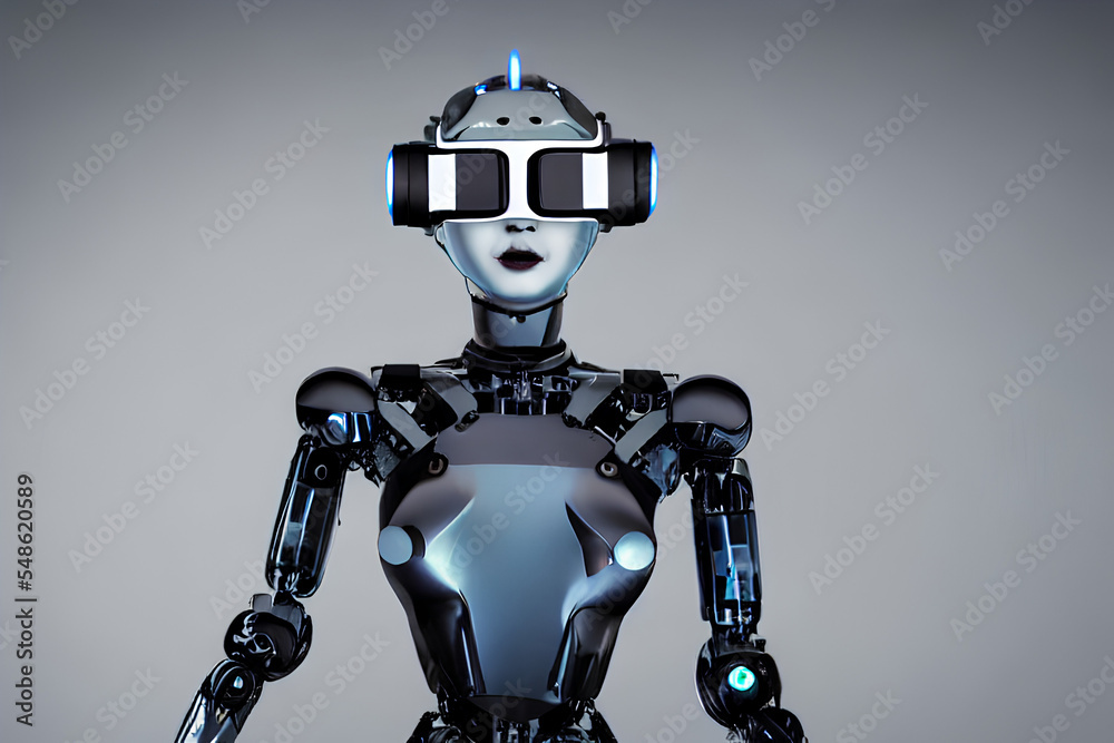robot wearing a VR headset, futuristic technology, artificial ...