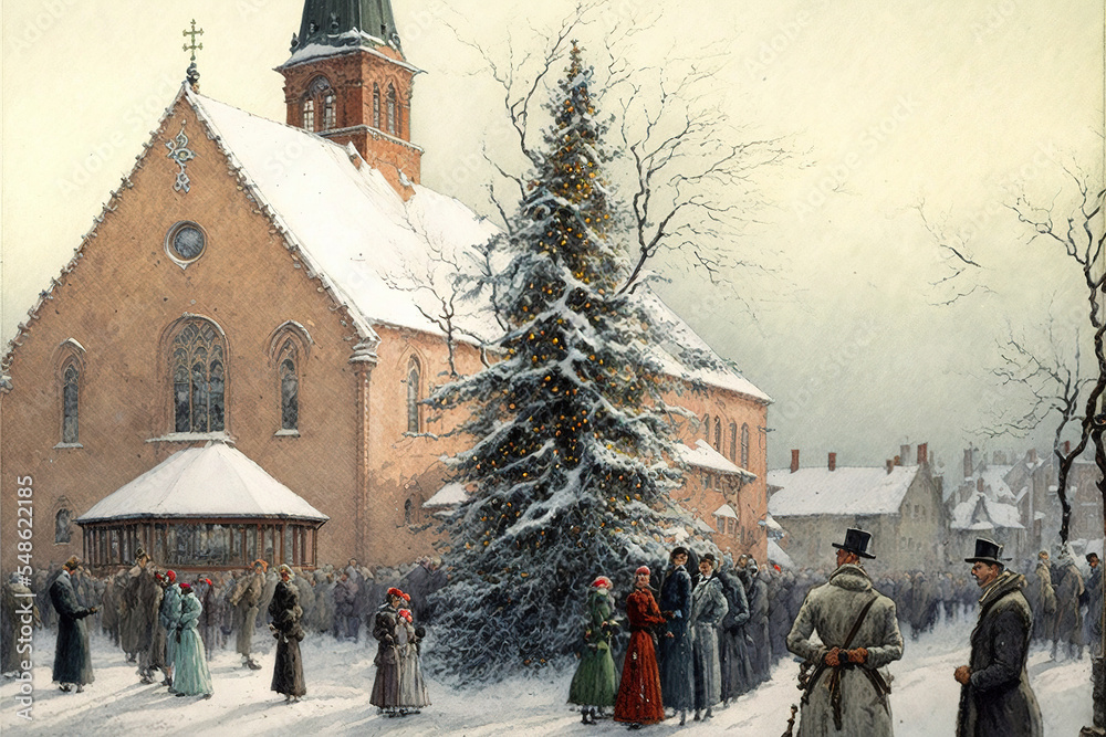 Christmas card illustration vintage style, oil pastel hand-painted ...