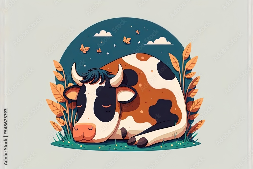 Cute Cow Sleeping Cartoon 2D Illustrated Icon Illustration. Animal ...