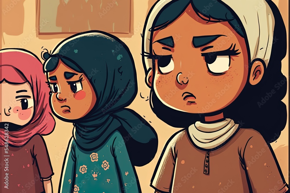 Girls Bullying Muslim Classmate. Cartoon Illustration Stock ...