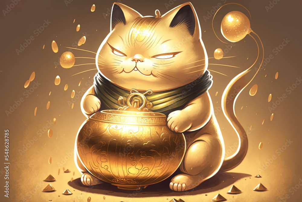 Lucky Cat Holding Gold Cartoon Illustration. Stock Illustration | Adobe ...