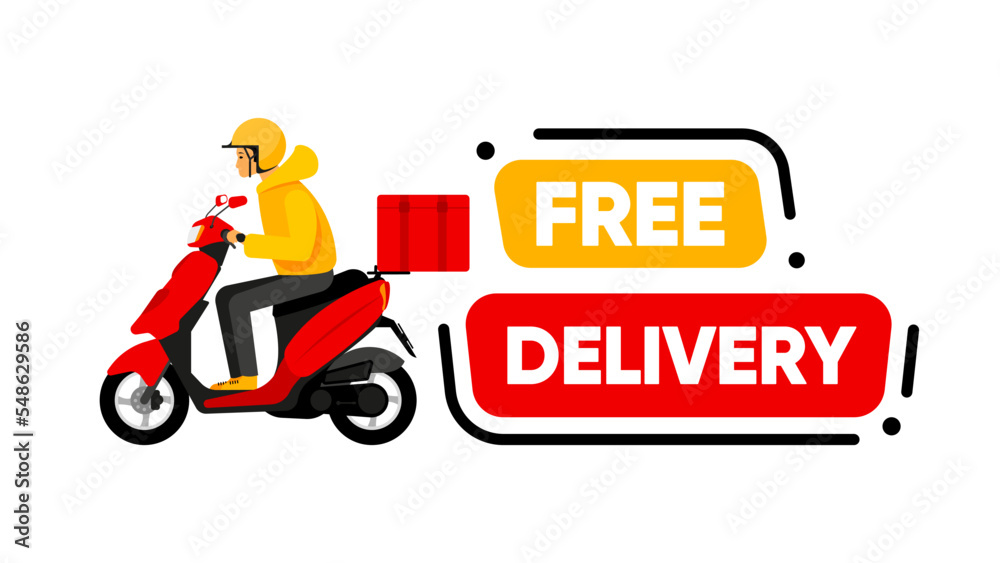 Free Delivery banner. Scooter with a man delivering an order. Delivery ...