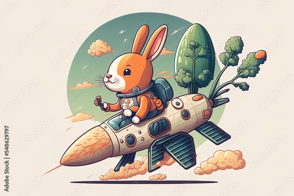 Cute Rabbit Astronaut Riding Carrot Rocket Cartoon 2D Illustrated Icon ...