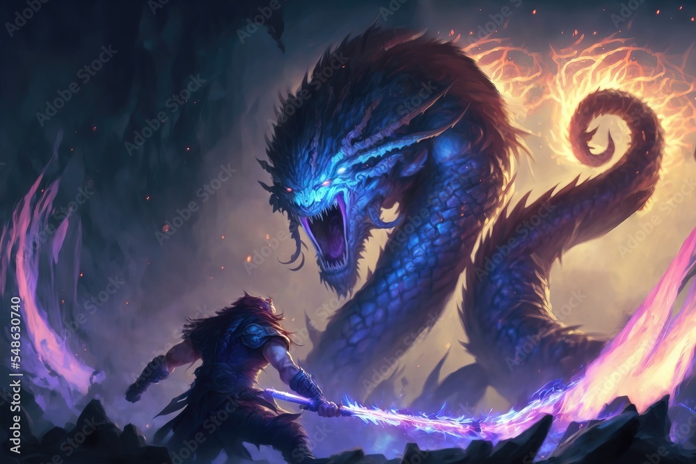 brave traveler battles with giant terrifying monsters. fantasy giant ...