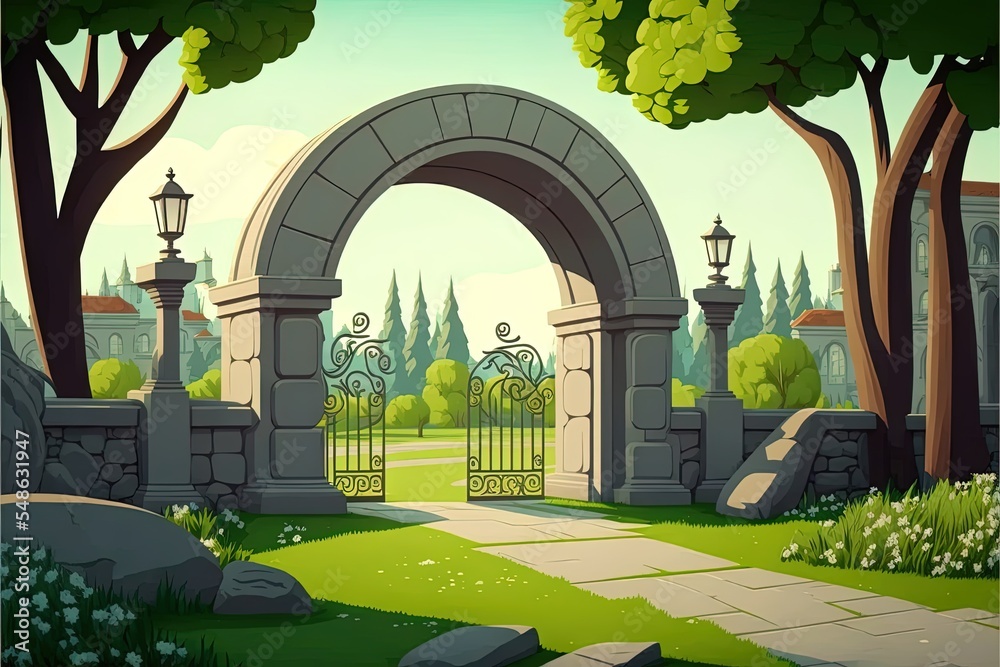 Summer Landscape With Stone Arch Entrance To City Park, Metal Fence And ...