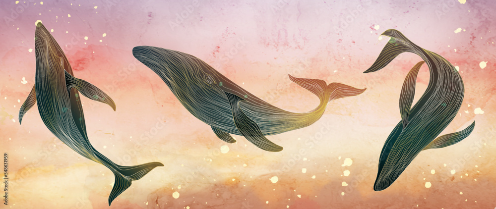 Luxury watercolor art background with whales in gold artline style in ...