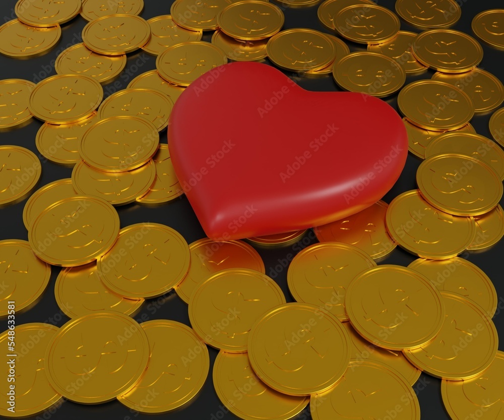 Red heart shape with coin 3d rendering Stock Illustration | Adobe Stock
