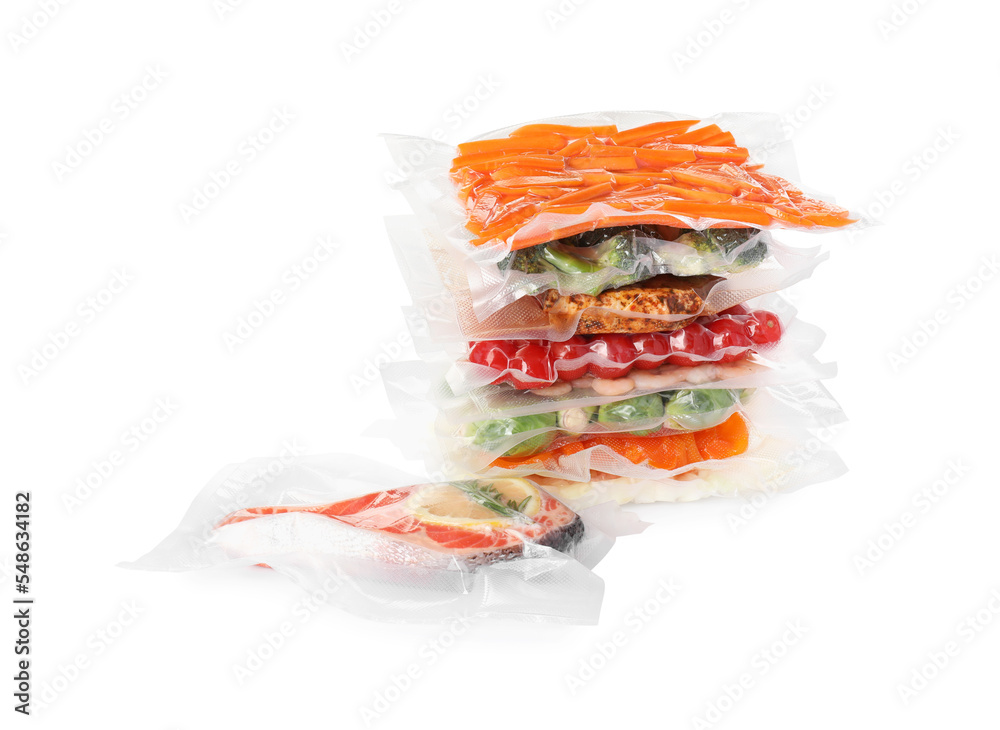 Vacuum packs with different food products on white background Stock ...