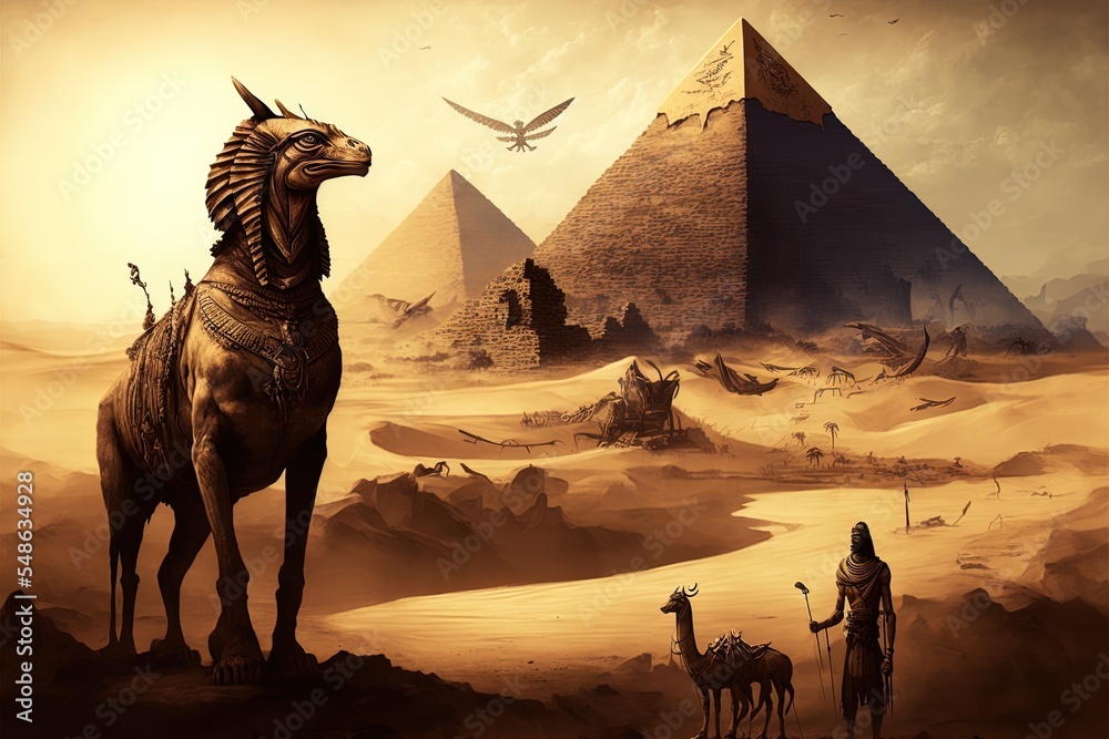 Egyptian Desert With Pyramids, Sphinx And Anubis Stock Illustration ...