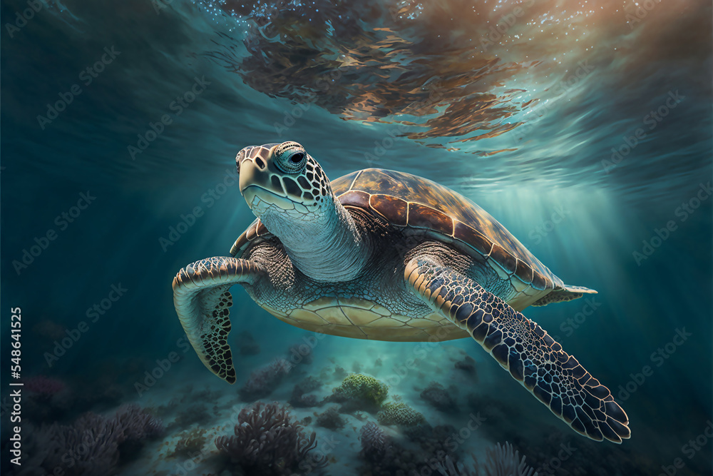 Sea turtle swimming in the Ocean, Digital Illustration, Concept Art ...
