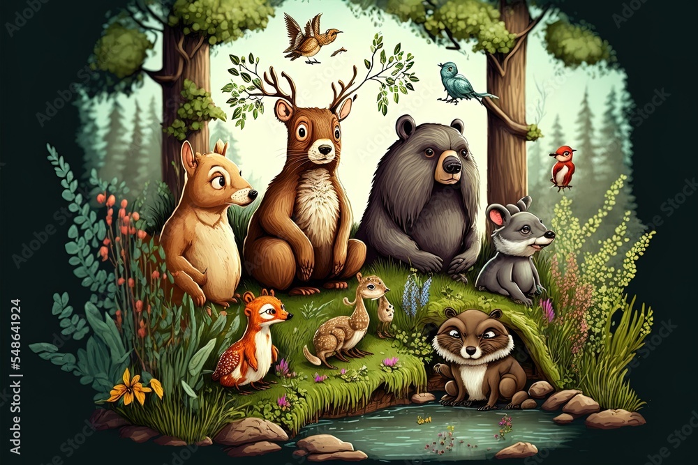 Cartoon Forest Animals In Wild Nature Stock Illustration | Adobe Stock