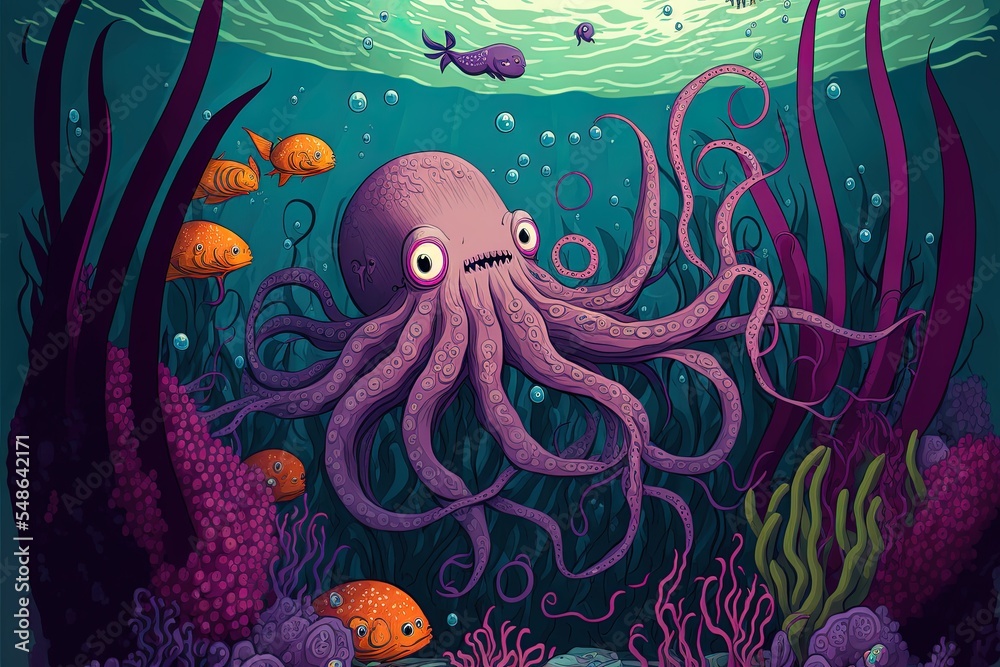 Giant Octopus Swim Under Water In Ocean 2D Illustrated Cartoon ...