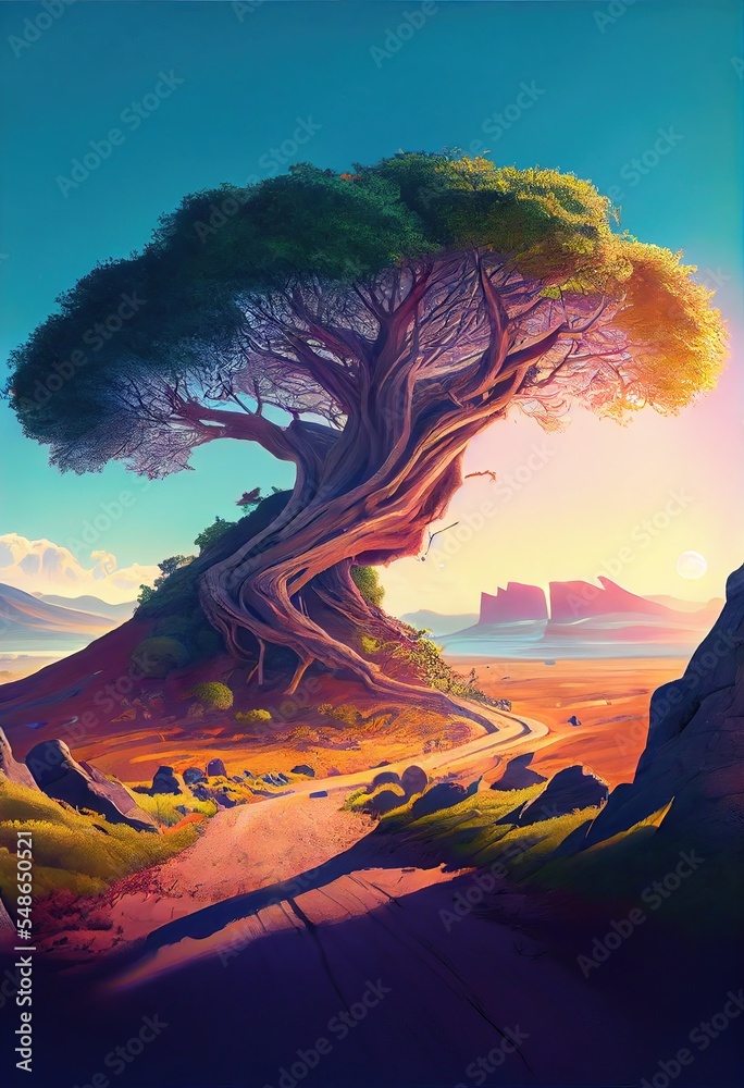 Surreal giant tree on top of a hill, detailed path up the hill, vast ...