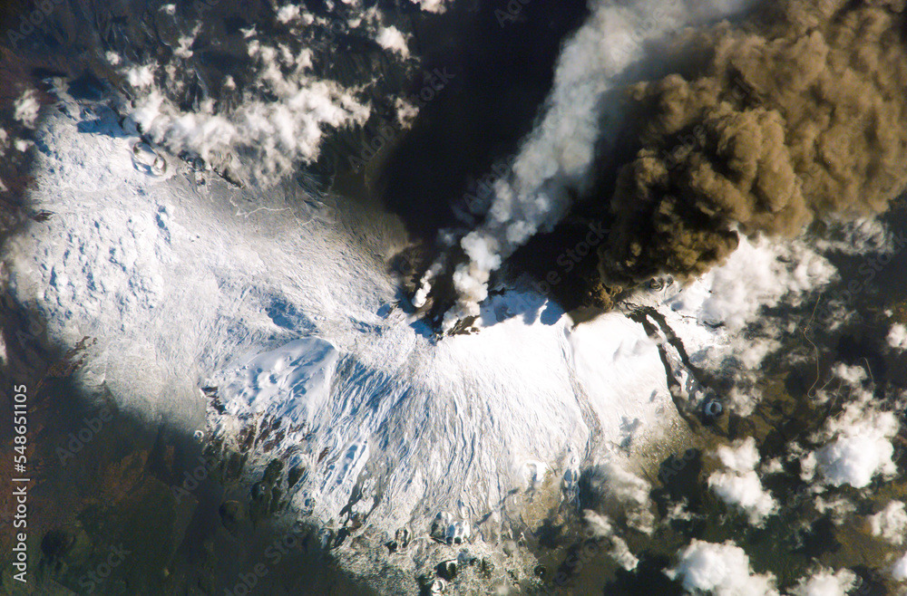 Mount Etna eruption aerial view from above in Sicily, Italy. Digitally ...