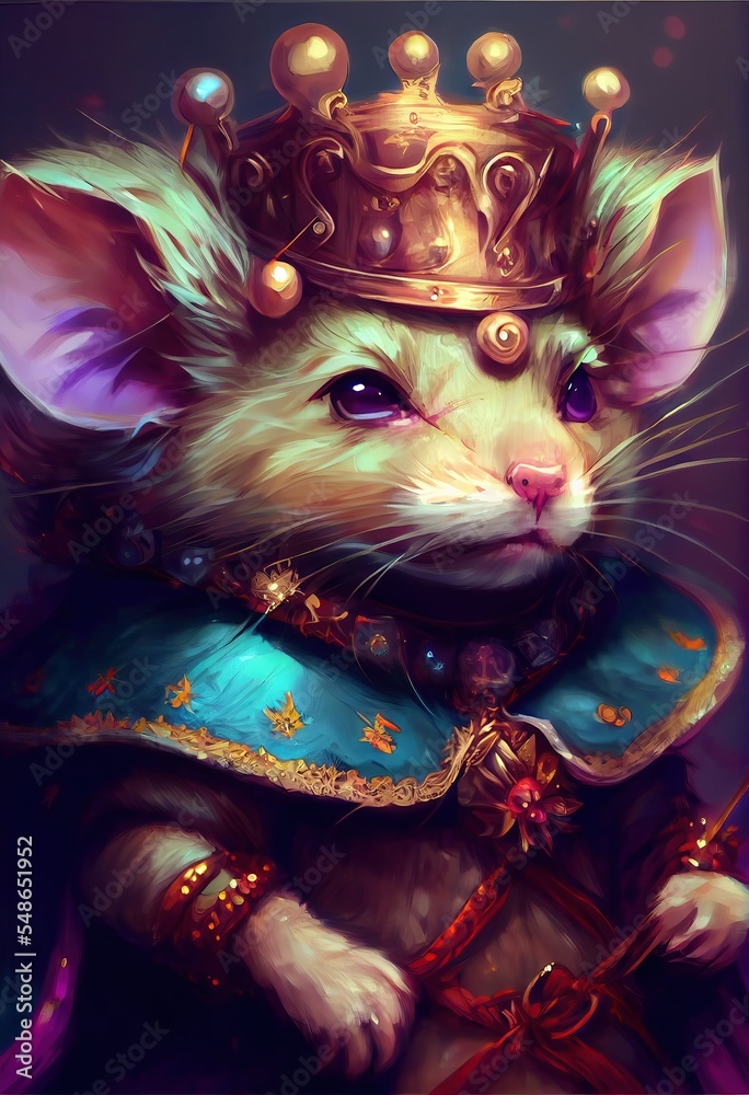 Fantasy cute anthropomorphic rat king in crown. Kids Manga Comic style ...