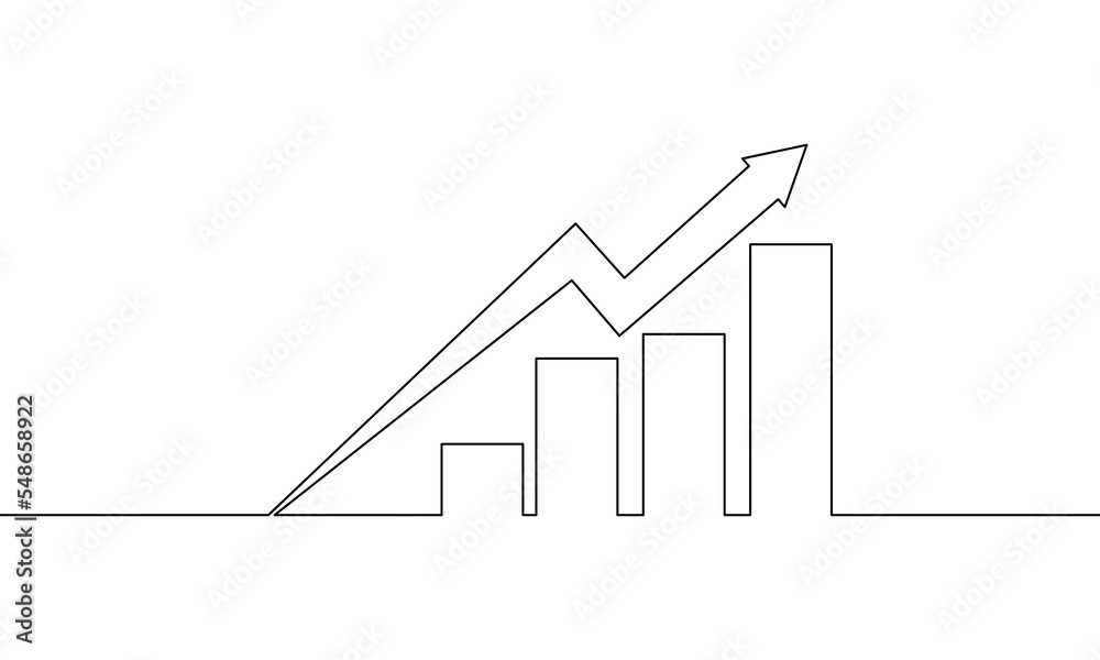 Continuous line drawing of arrow icon outline, growth graph, bar chart ...