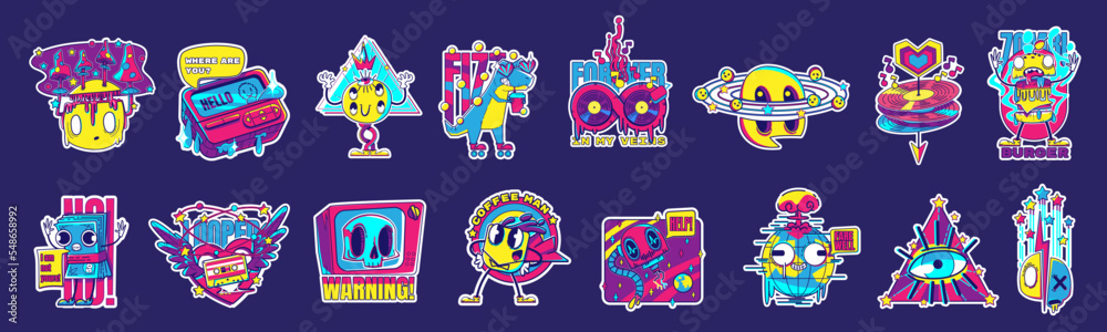 Retro rave stickers, comic patches with music record, mushrooms, Earth ...