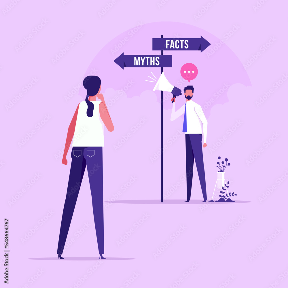 Myths and facts Information accuracy in persons concept. Businesswoman ...