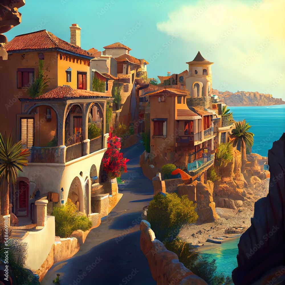 Beautiful medieval town embankment. Beautiful cartoon illustration ...