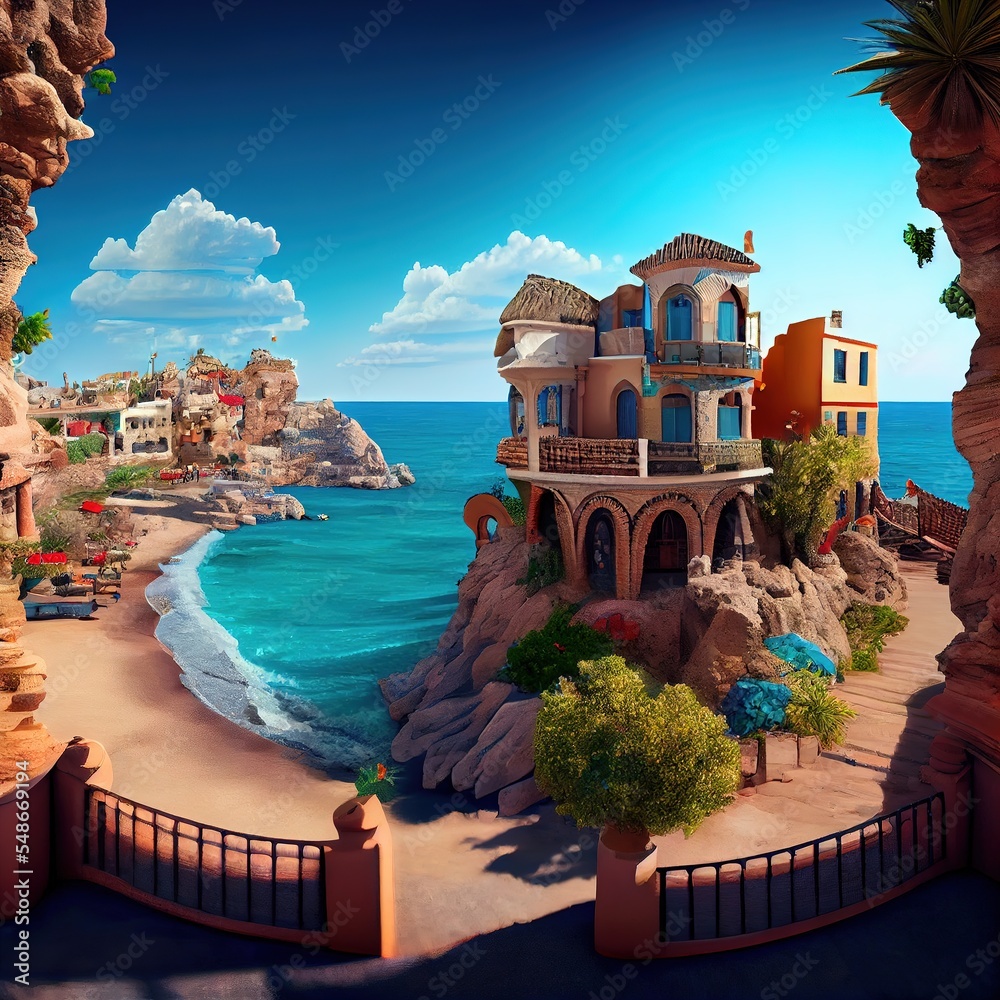 Beautiful medieval town embankment. Beautiful cartoon illustration ...