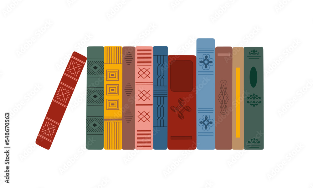 Collection of vertical standing books in colored vintage covers. Pile ...