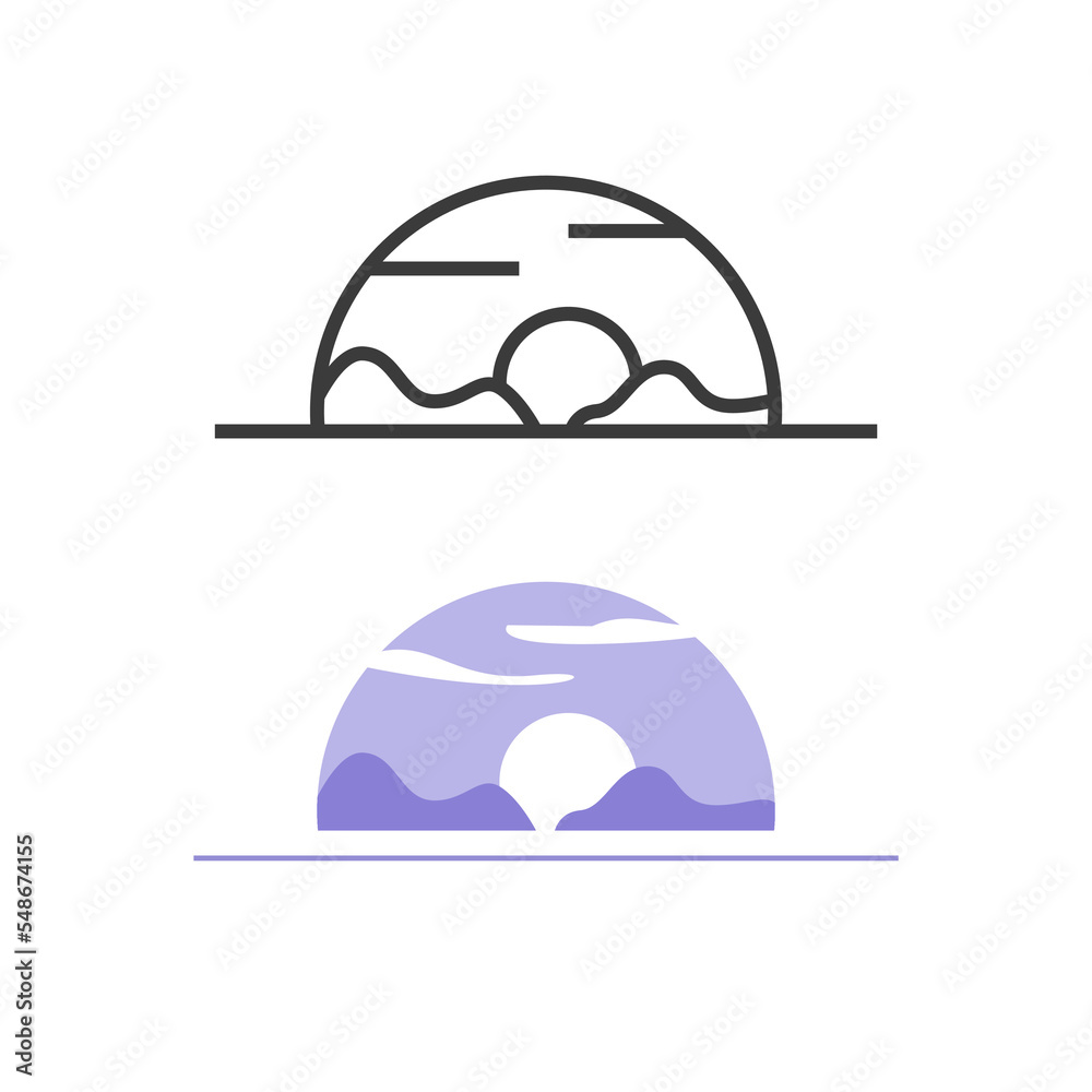 Ocean nature logotype line linear outline art vector icon or sunrise ...