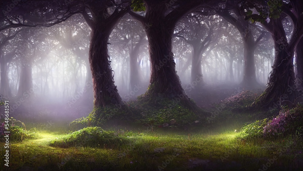 Fantasy fairy-tale magical forest, sunny evening light through the ...