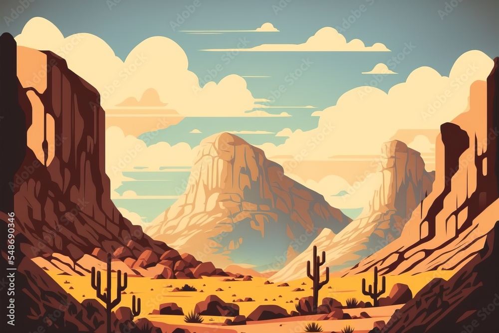Desert canyon valley hot summer sun day with dusty orange haze ...