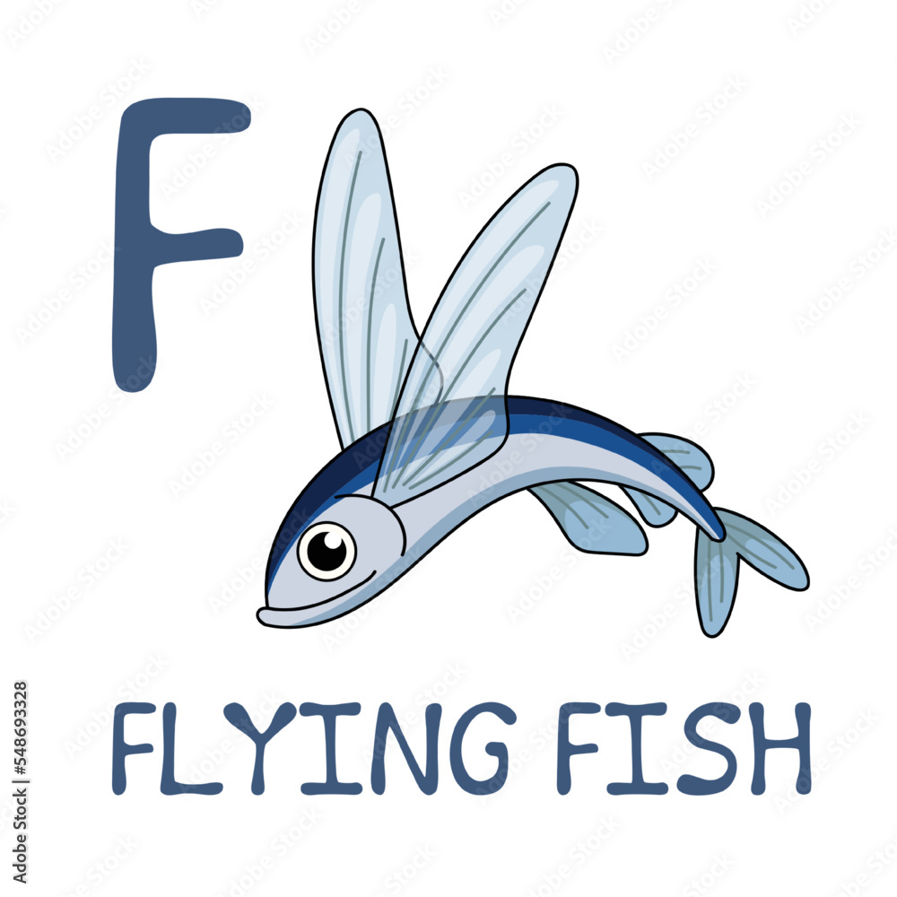 Cute Sea Animal Alphabet Series. F is for flying fish. Vector cartoon ...