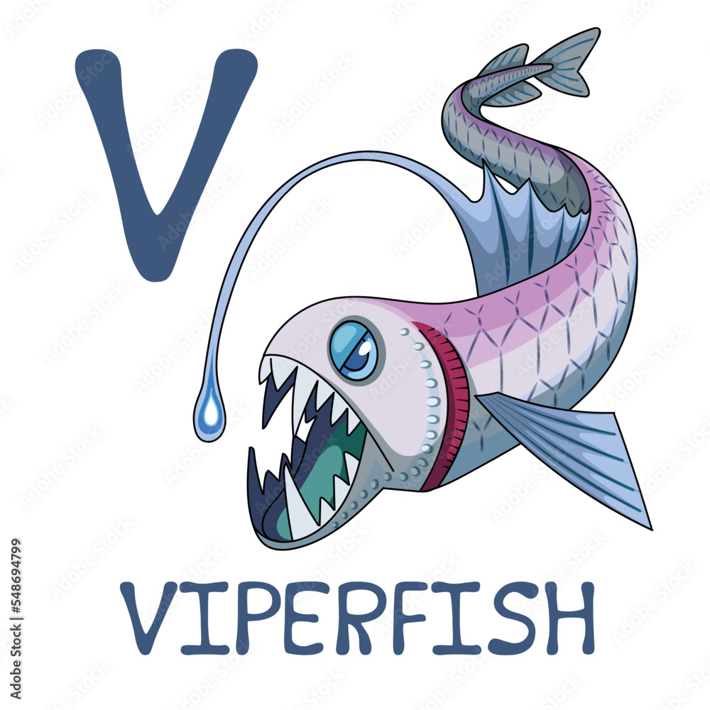 Cute Sea Animal Alphabet Series. V is for Viperfish. Vector cartoon ...