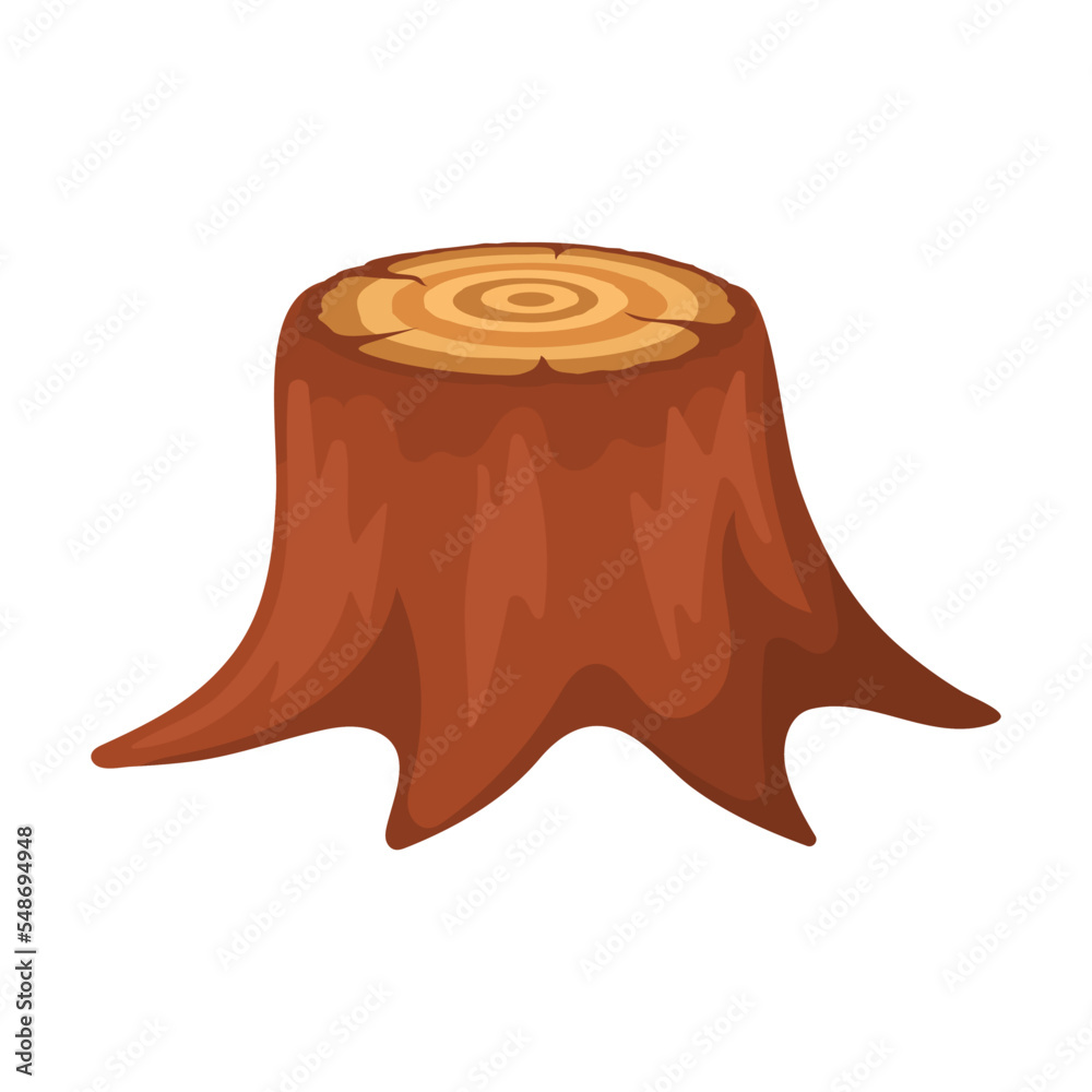 Wooden felled tree stump. Stack of trees with branches, wooden planks ...