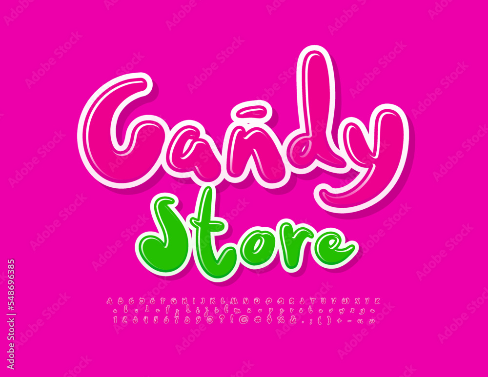 Vector modern sign Candy Store. Pink Glossy Font. Funny Alphabet ...