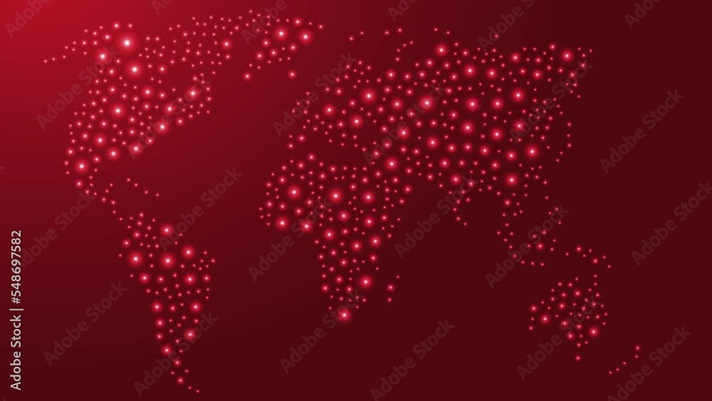 World map from glowing red dots of stars on a dark background moving ...