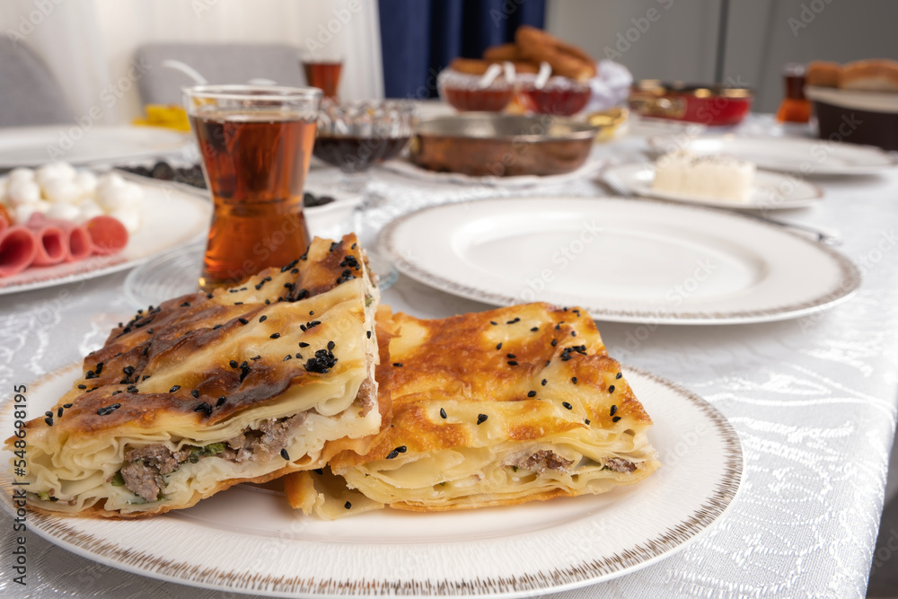 Turkish patty called su borek, close up photo of Turkish patty called ...