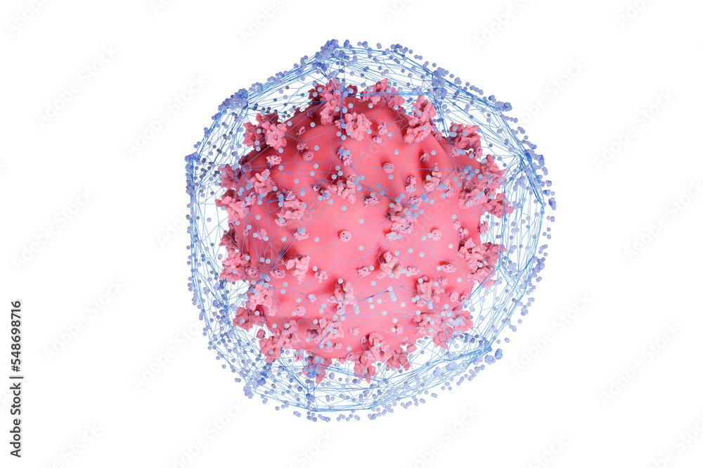 Virus particle in a net, visualizing antibodies or the immune system ...