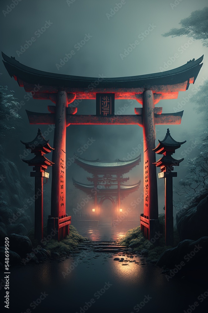 Japanese red gate. Torii gate. Fantasy scenery. Concept art. Stock ...