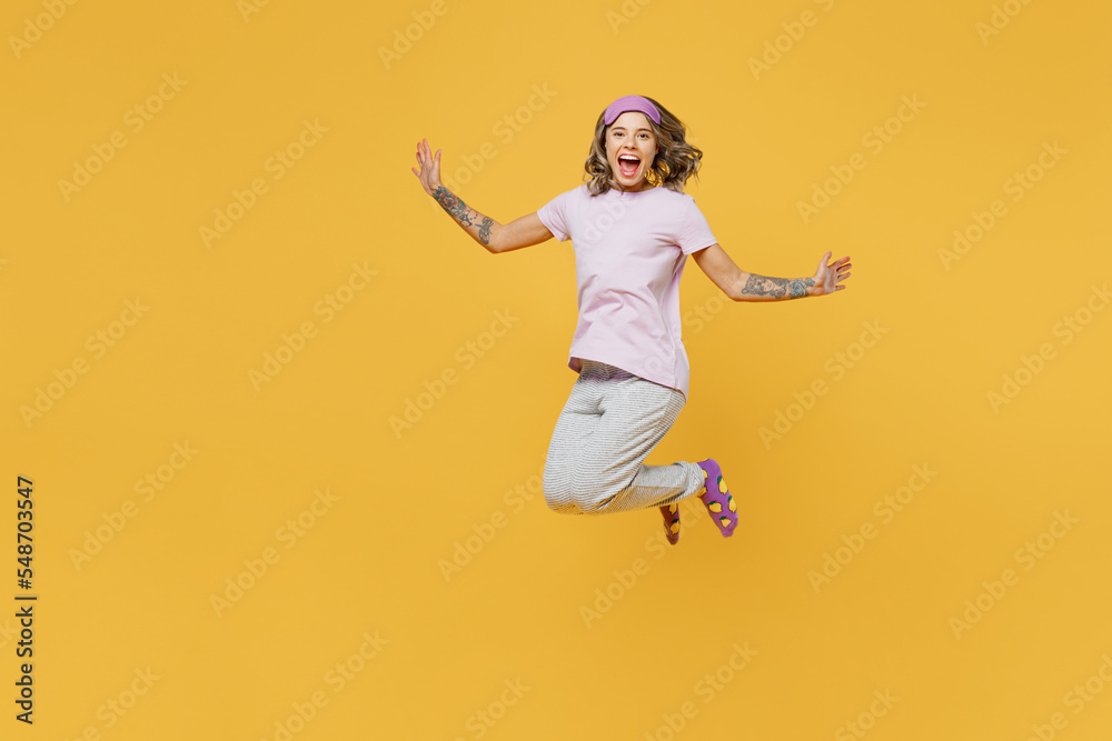 Full body young woman she wear purple pyjamas jam sleep eye mask rest ...