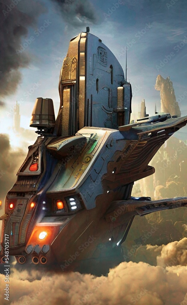 steampunk spaceship in a futuristic planet, concept illustration, 3d ...