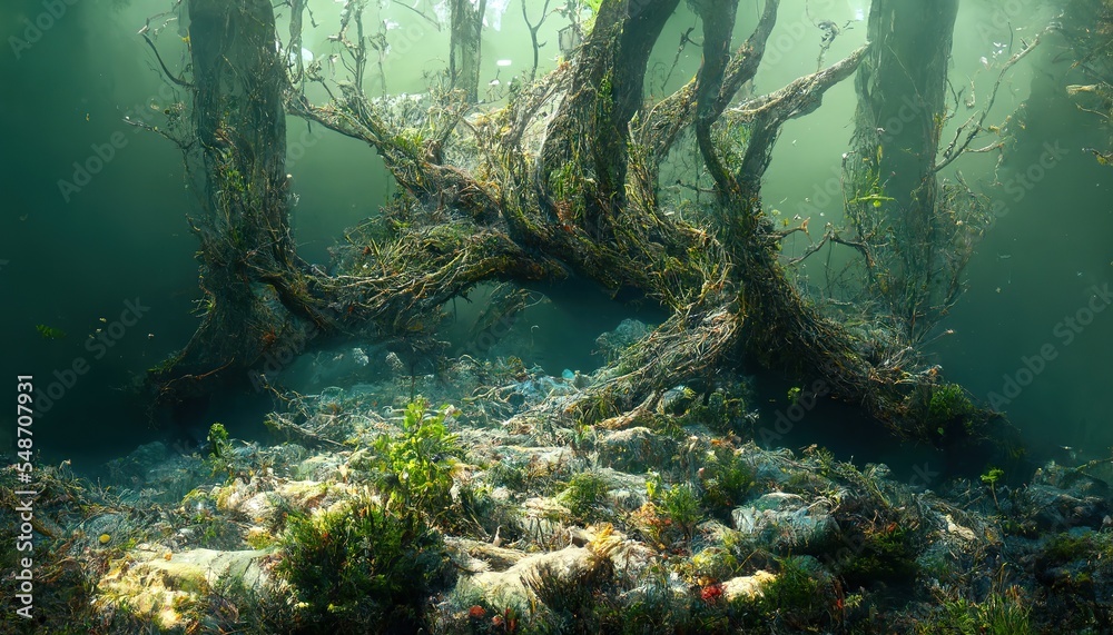 underwater view of the forest river. Plants, tree logs fragments ...