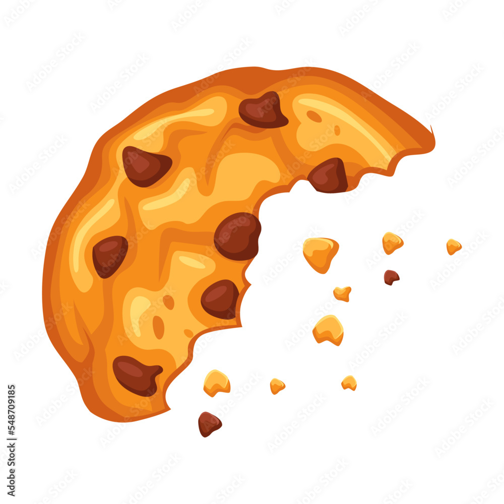 Bitten cookie with crumbs on table cartoon illustration. Bite of sweet ...