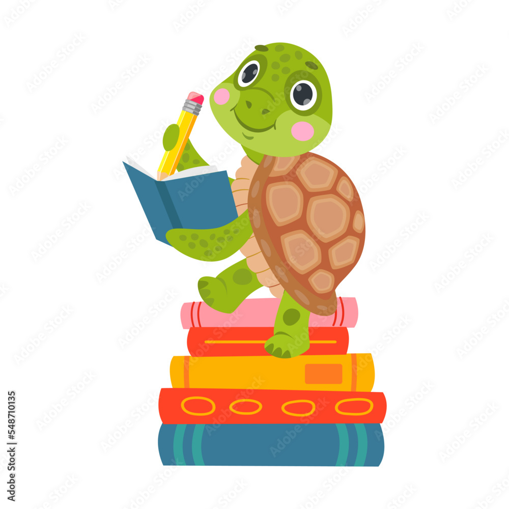 Cute animal, young turtle reading book cartoon illustration. Smart ...