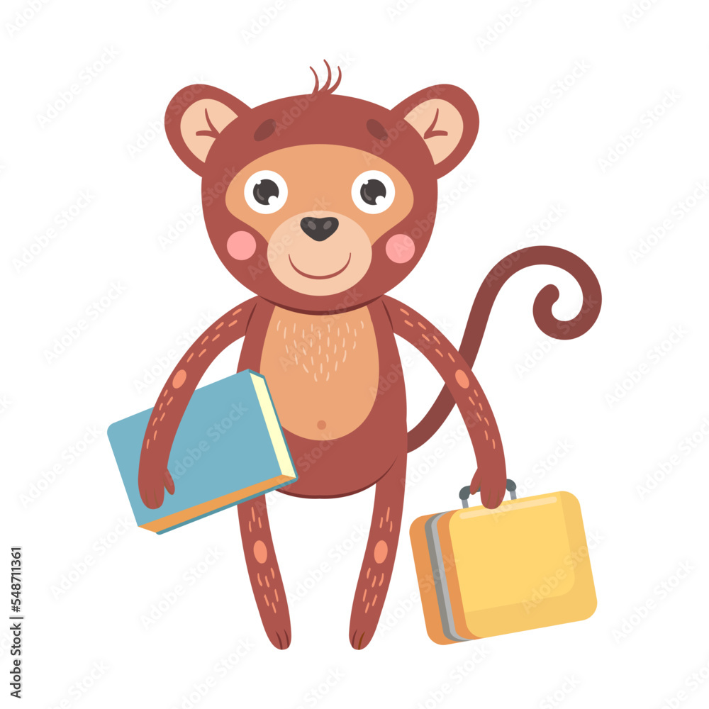 Cute animal, monkey reading book cartoon illustration. Smart character ...