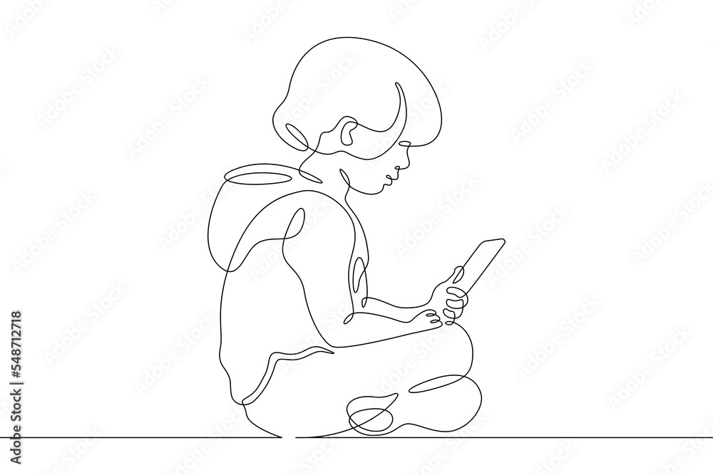 One continuous line. The kid is playing with the phone. The child is ...