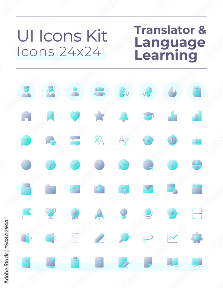 Translator flat gradient two-color ui icons set. Language learning ...