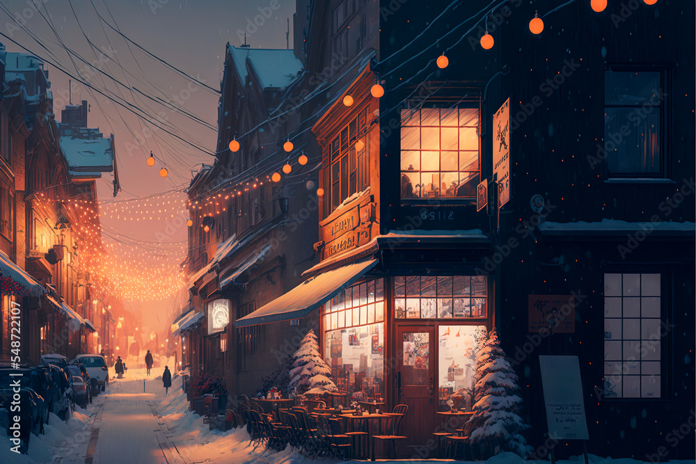 Christmas coffee shop with snow and warm light decoration in winter ...