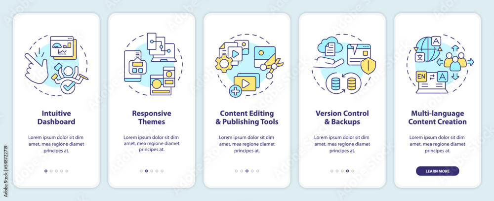 Key CMS features onboarding mobile app screen. Content management ...